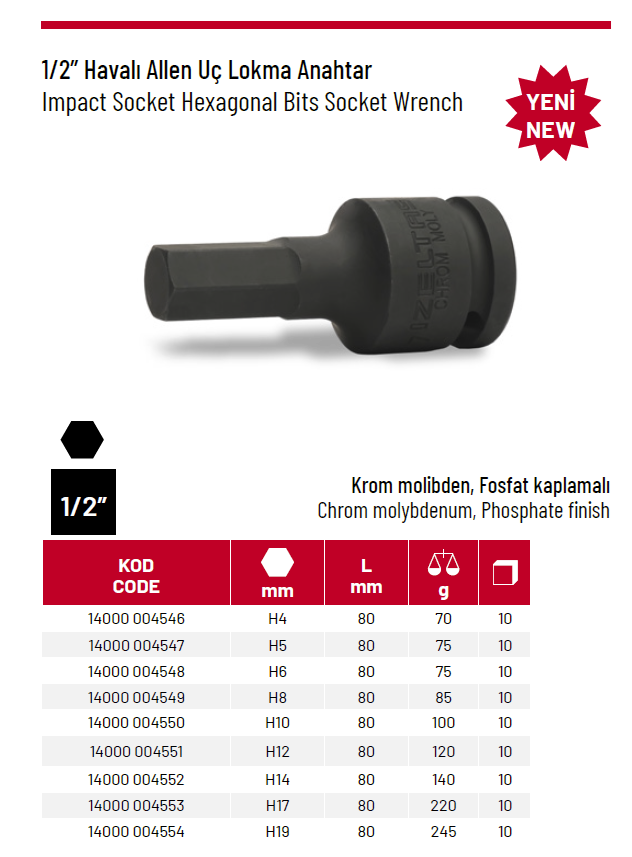 İzeltaş 14000 004554 H19 1/2’’ Havalı Allen Uç Lokma Anahtar ...